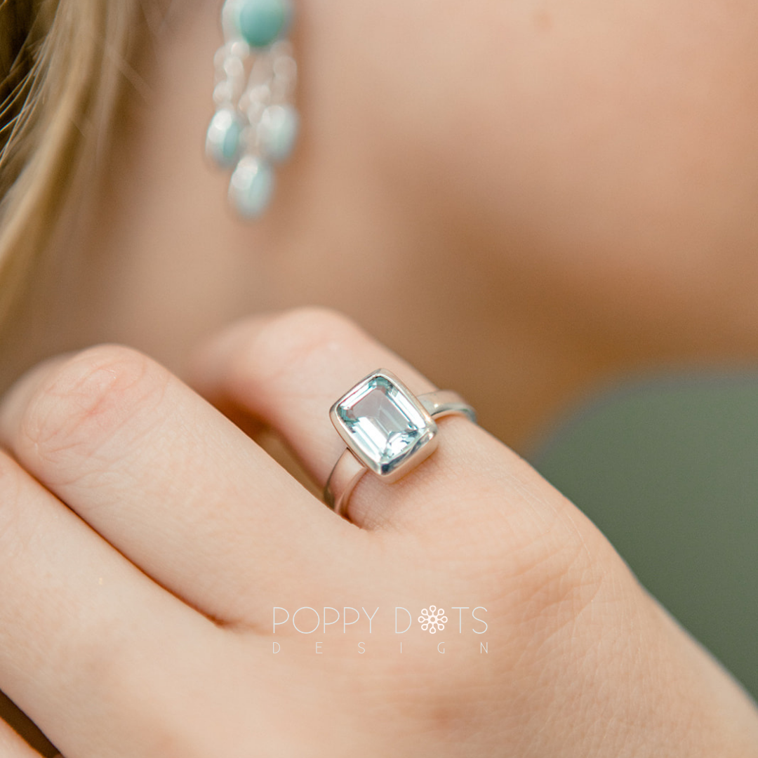 Sterling Silver Blue Topaz Ring – Rectangular Gemstone, Elegant ...