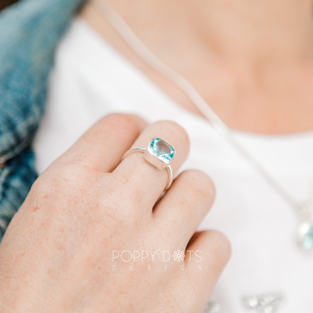 Luxurious Sterling Silver Square Blue Topaz Ring – Poppy Dots Design