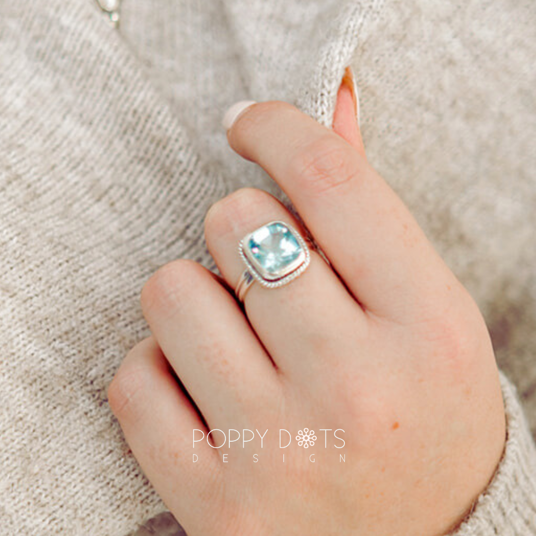 Exclusive Sterling Silver Square Blue Topaz Ring – Poppy Dots Design