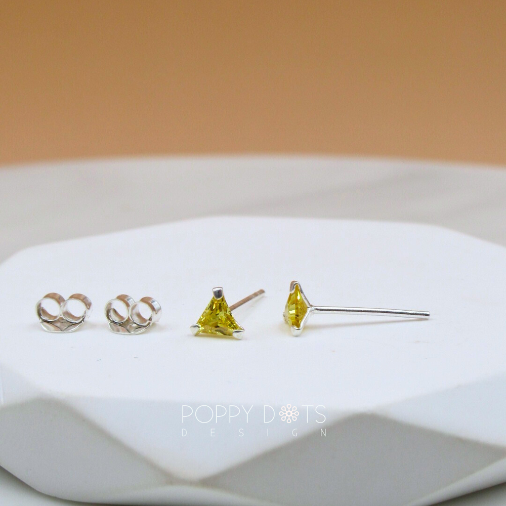 Sterling Silver Yellow Tiny Triangle Zirconia Studs - ear candy – Poppy ...